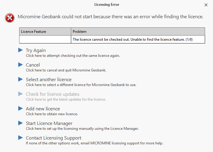 The Licence cannot be checked out. Unable to find the licence feature. (1:9) (Network Licence ...